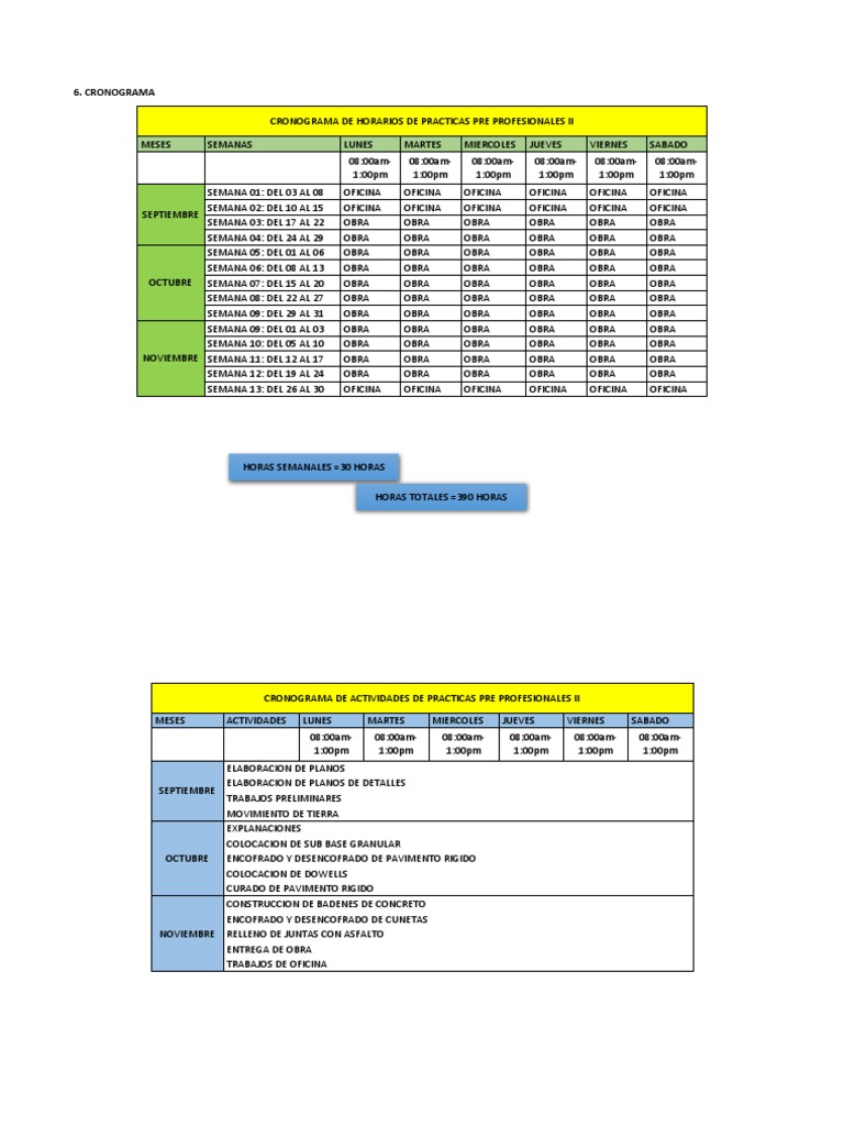 Cronograma de Horarios de Practicas Pre Profesionales Ii | PDF