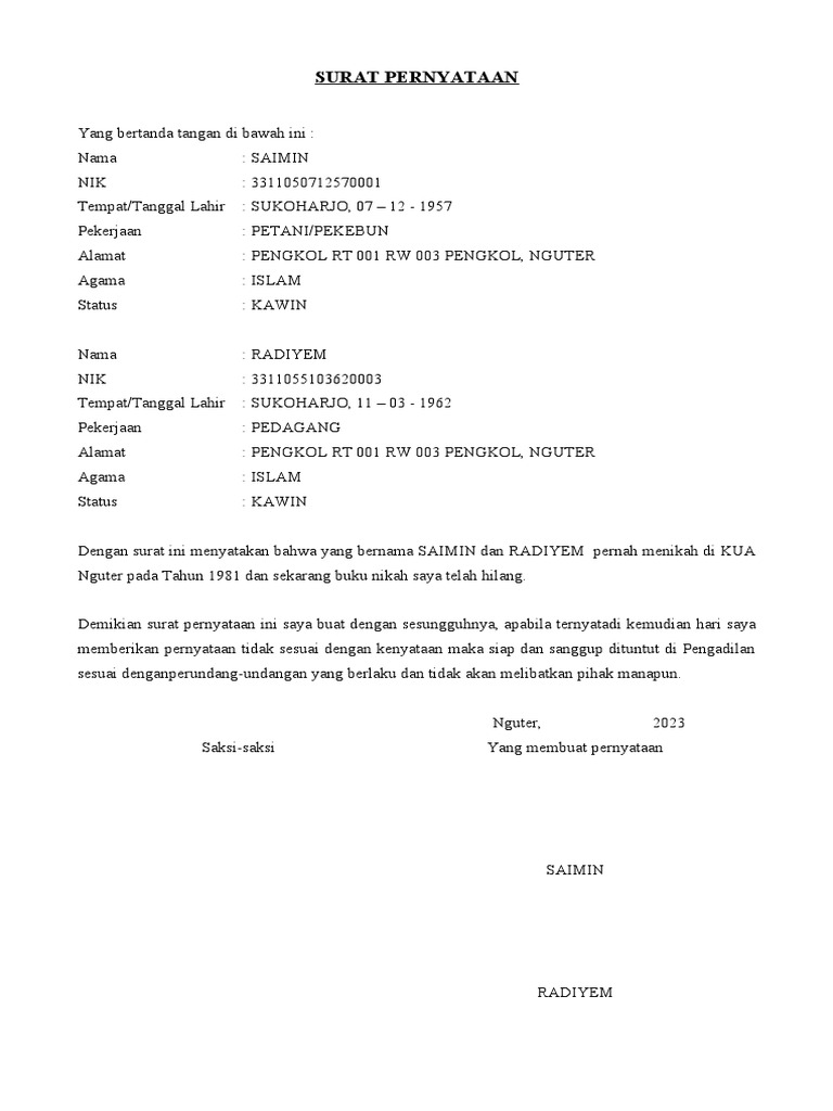 Surat Pernyataan Toto Sujimo - Suprapti | PDF