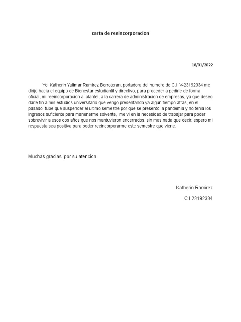 Carata de Reeincorporacion | PDF
