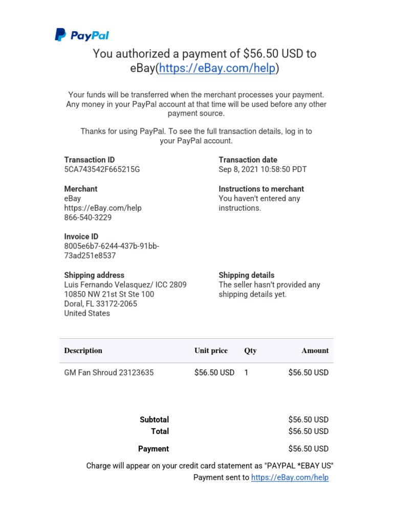 eBay Payment Confirmation - $56.50 USD | PDF