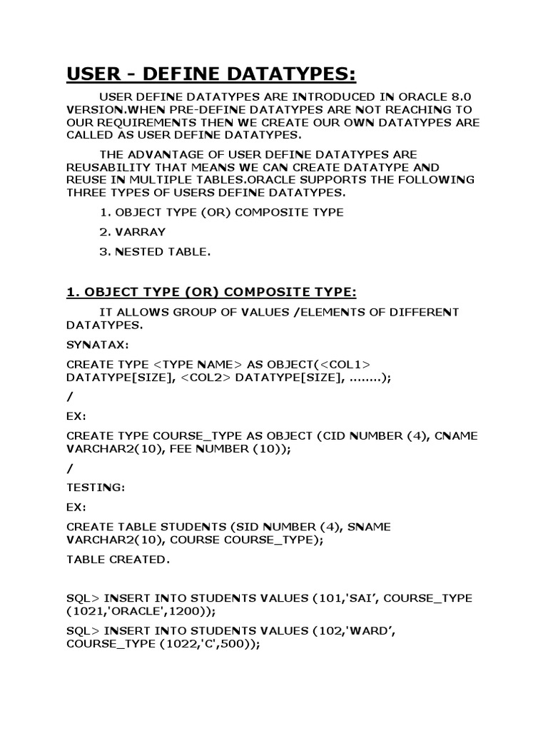 User Defined Datatypes Oracle Pdf Data Type Computer Programming 