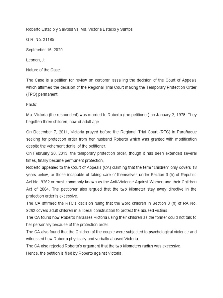 Roberto Estacio y Salvosa Vs | PDF | Restraining Order | Justice
