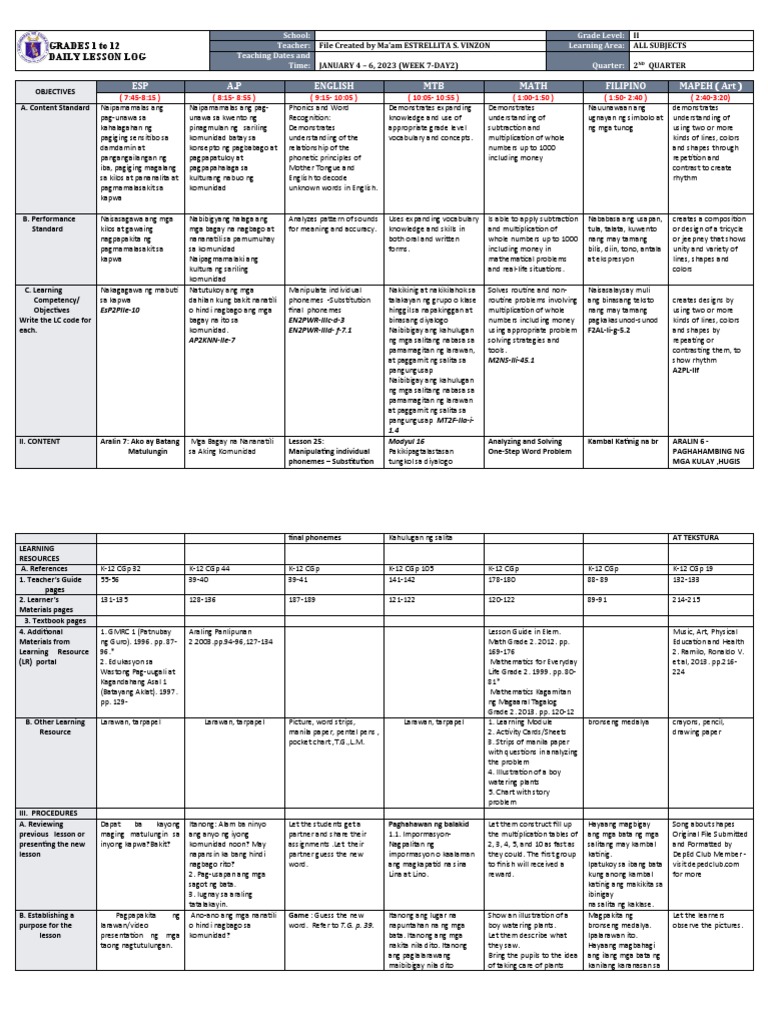 DLL - All Subjects 2 - Q2 - W7 - D2 | PDF | Phonics | Cognition