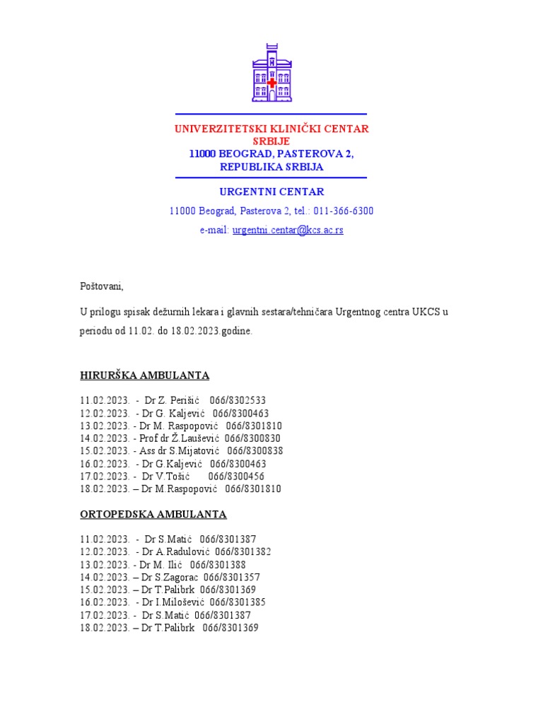 Spisak Dežurnih Lekara I Med. Sestara | PDF
