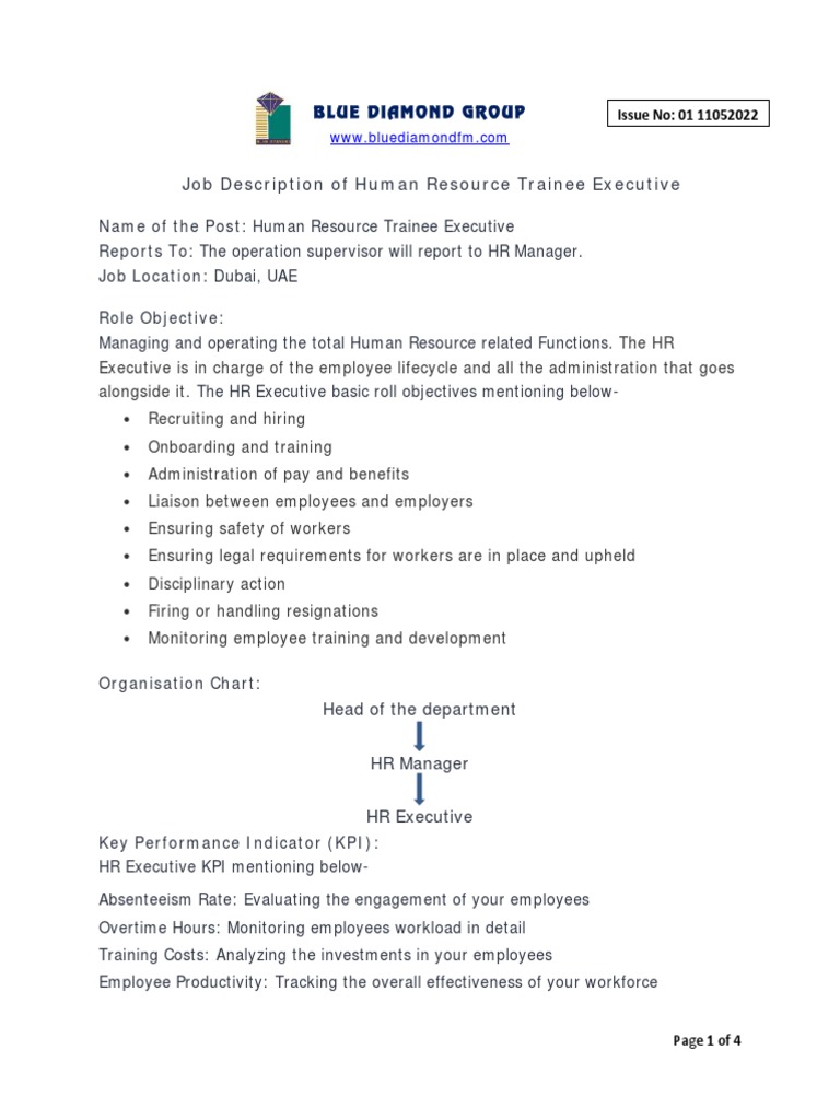 Job Description of HR Executive (Trainee) | PDF | Employment | Human ...