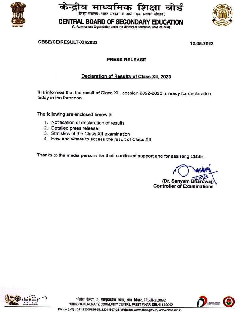 CBSE Class 12th Result 2023 | PDF