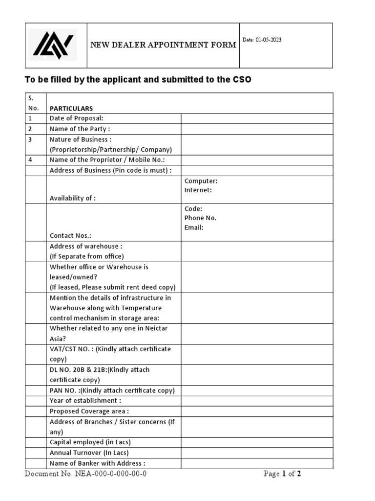 New Dealer Appointment Application Form | PDF | Business | Sole ...