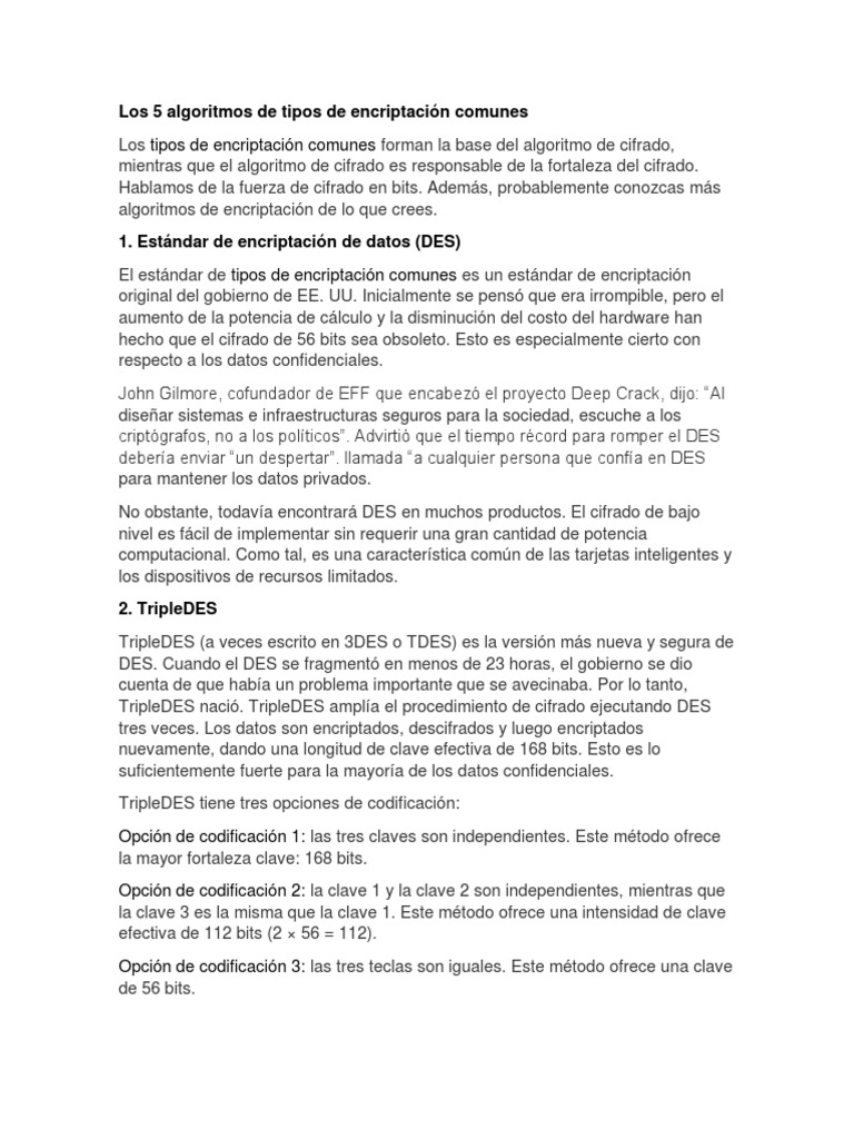 Los 5 Algoritmos de Tipos de Encriptación Comunes | PDF | Cifrado ...