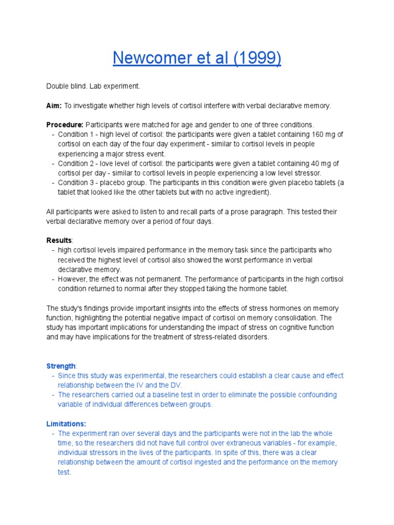 Newcomer Et Al 1999 Study Outline Pdf