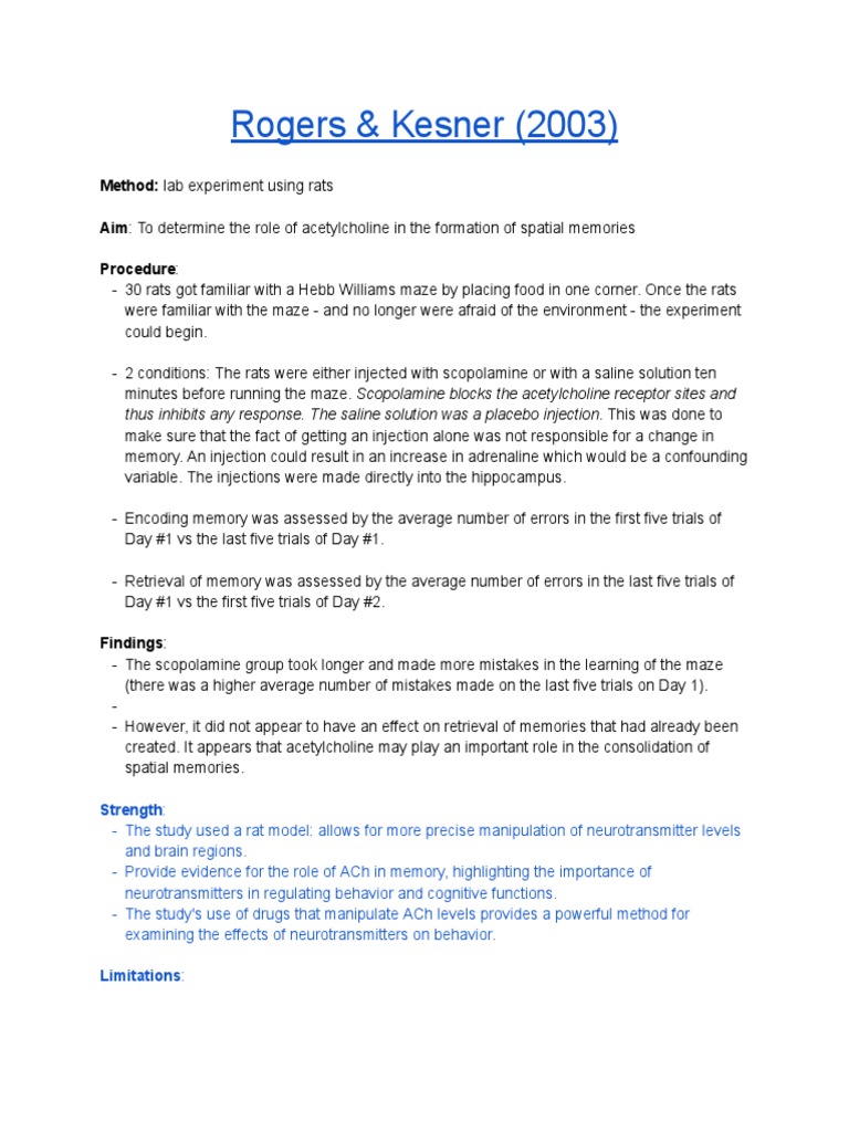 Rogers & Kesner (2003) Study Outline | PDF | Memory | Acetylcholine