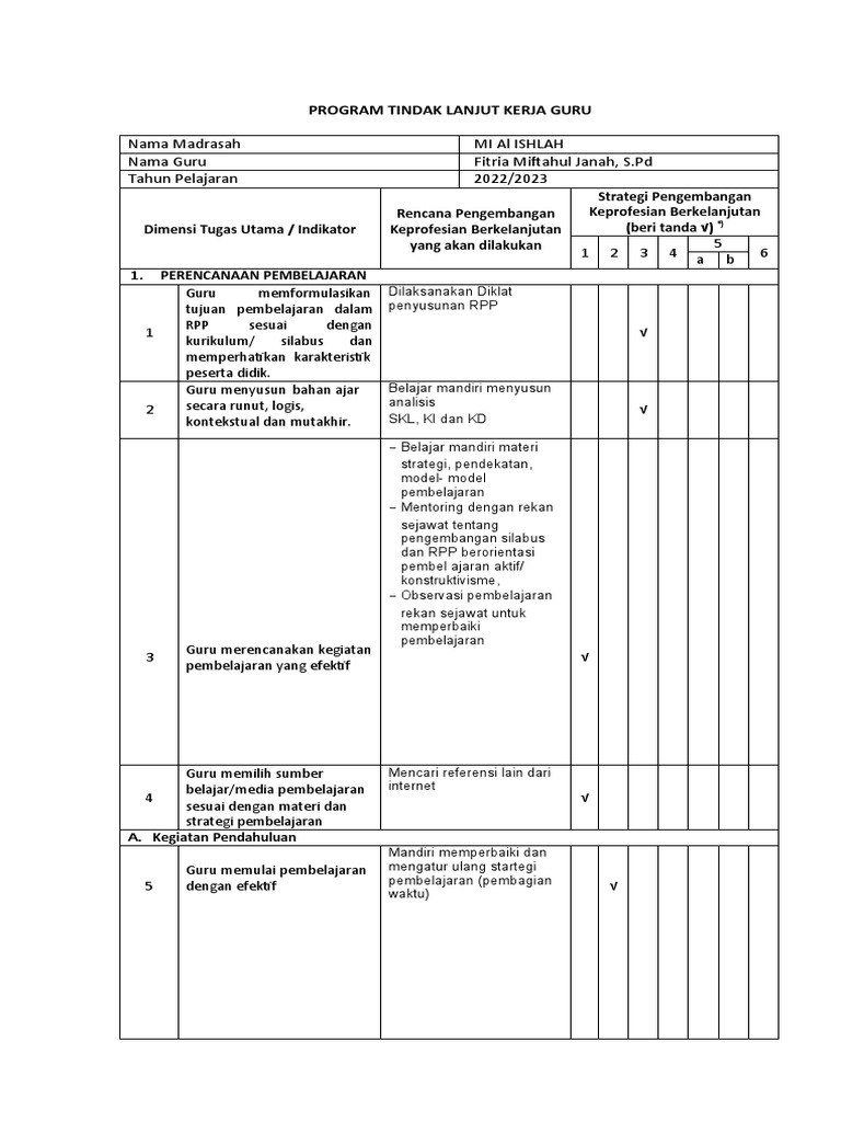 Rencana Tindak Lanjut Buku Kerja Guru | PDF