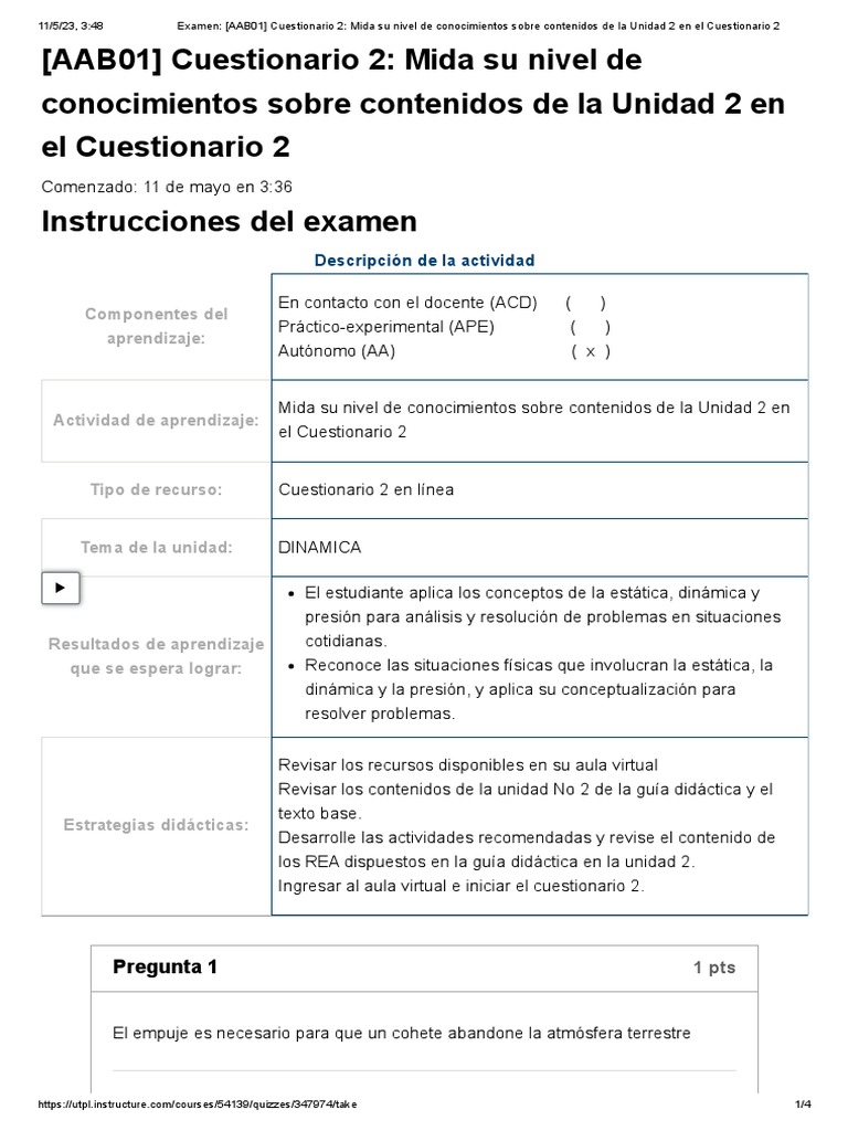 Examen - (AAB01) Cuestionario 2 - Mida Su Nivel de Conocimientos Sobre Contenidos de La Unidad 2 ...