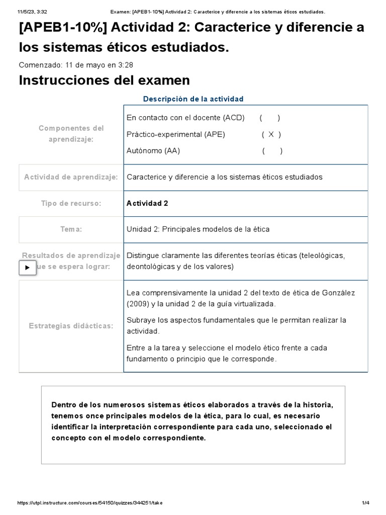 Examen - (APEB1-10%) Actividad 2 - Caracterice y Diferencie A Los Sistemas Éticos Estudiados ...