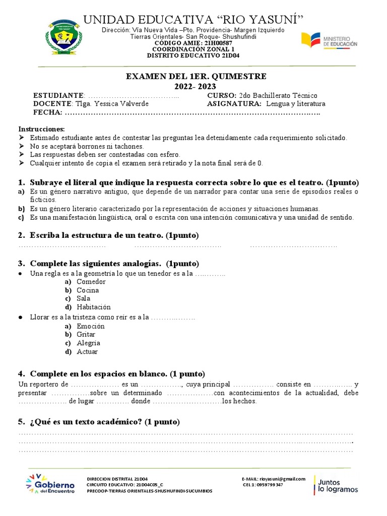 Examenes de 2do Bachillerato | PDF