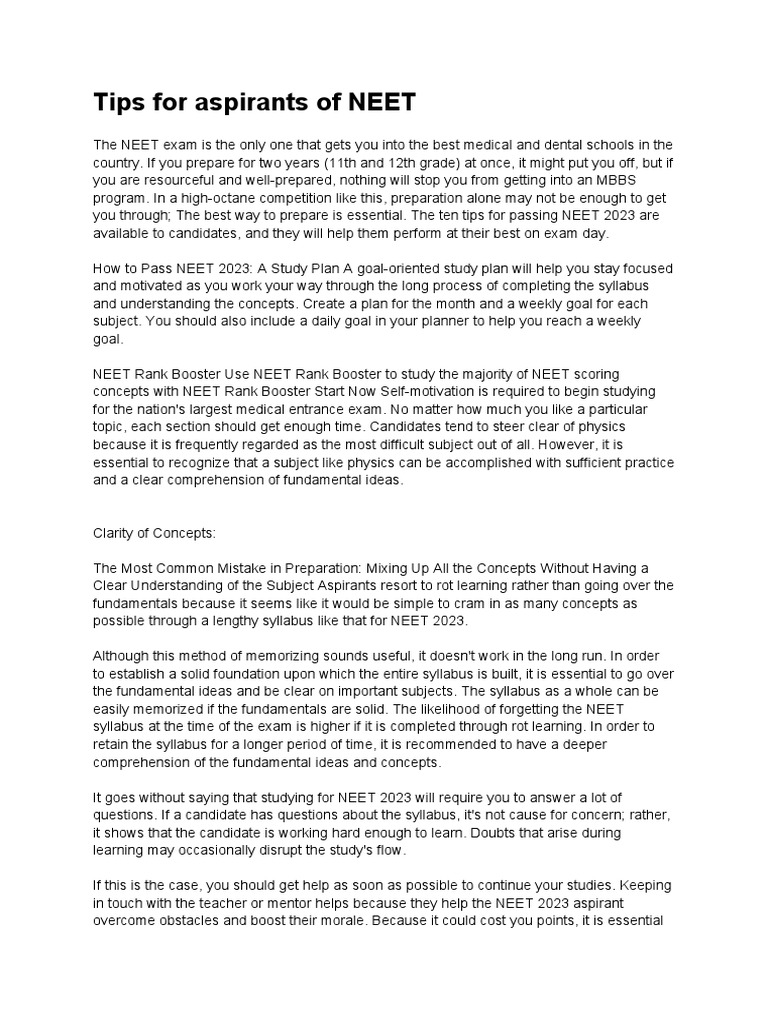 10 Essential Tips to Ace NEET 2023 Exam Preparation | PDF | Cognition ...