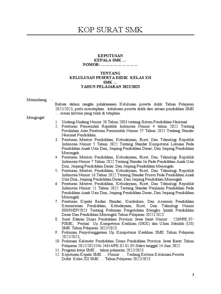 Contoh SK Kelulusan Siswa SMK 2023 REVISI | PDF