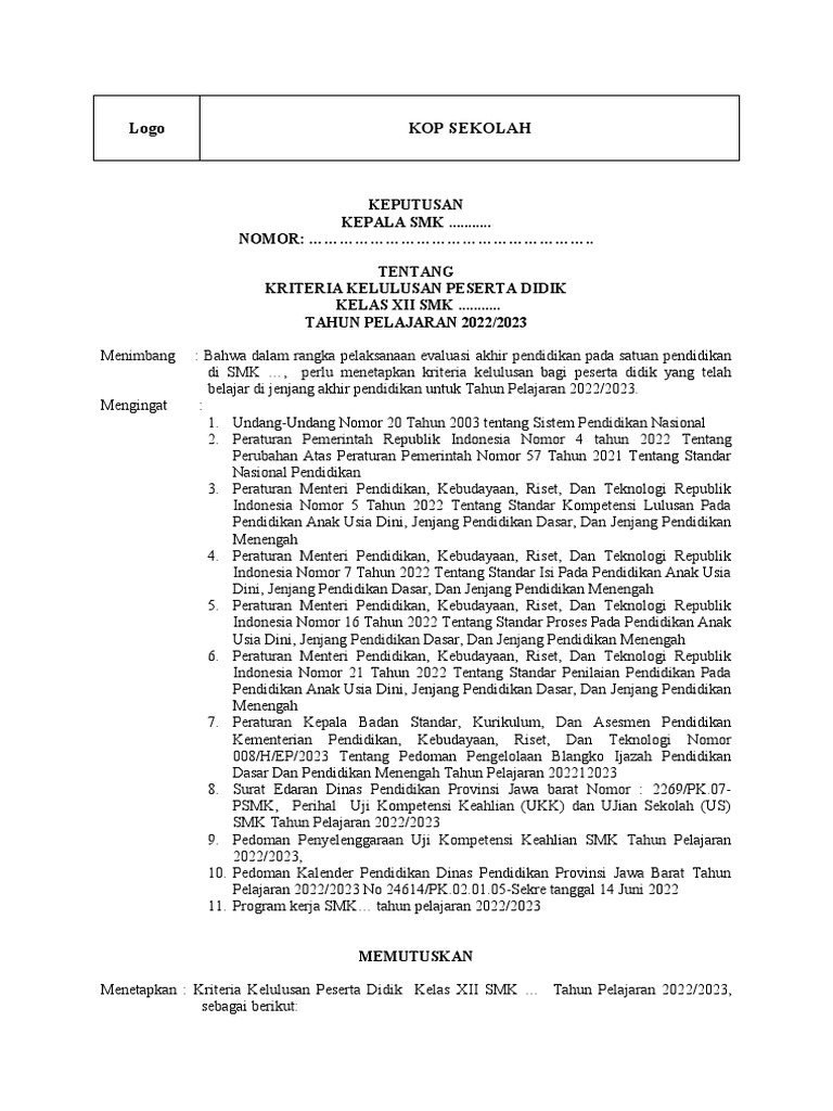Contoh sk kriteria kelulusan smk 2023 Revisi | PDF
