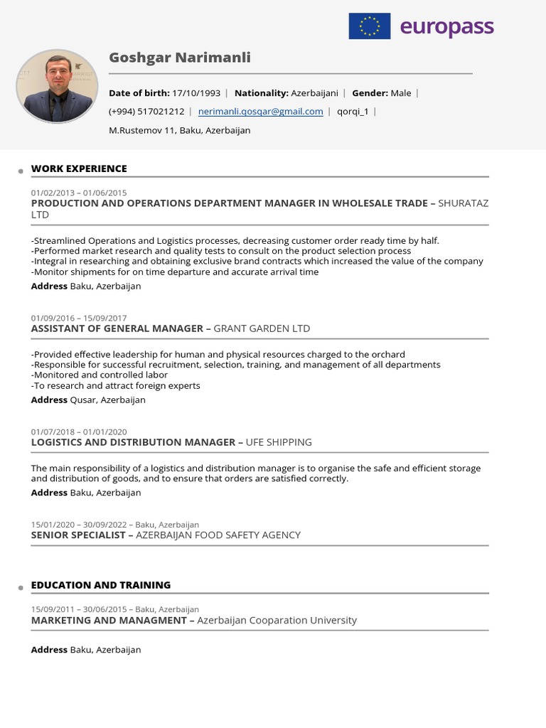 Goshgar Narimanli: Work Experience | PDF | Azerbaijan | Business