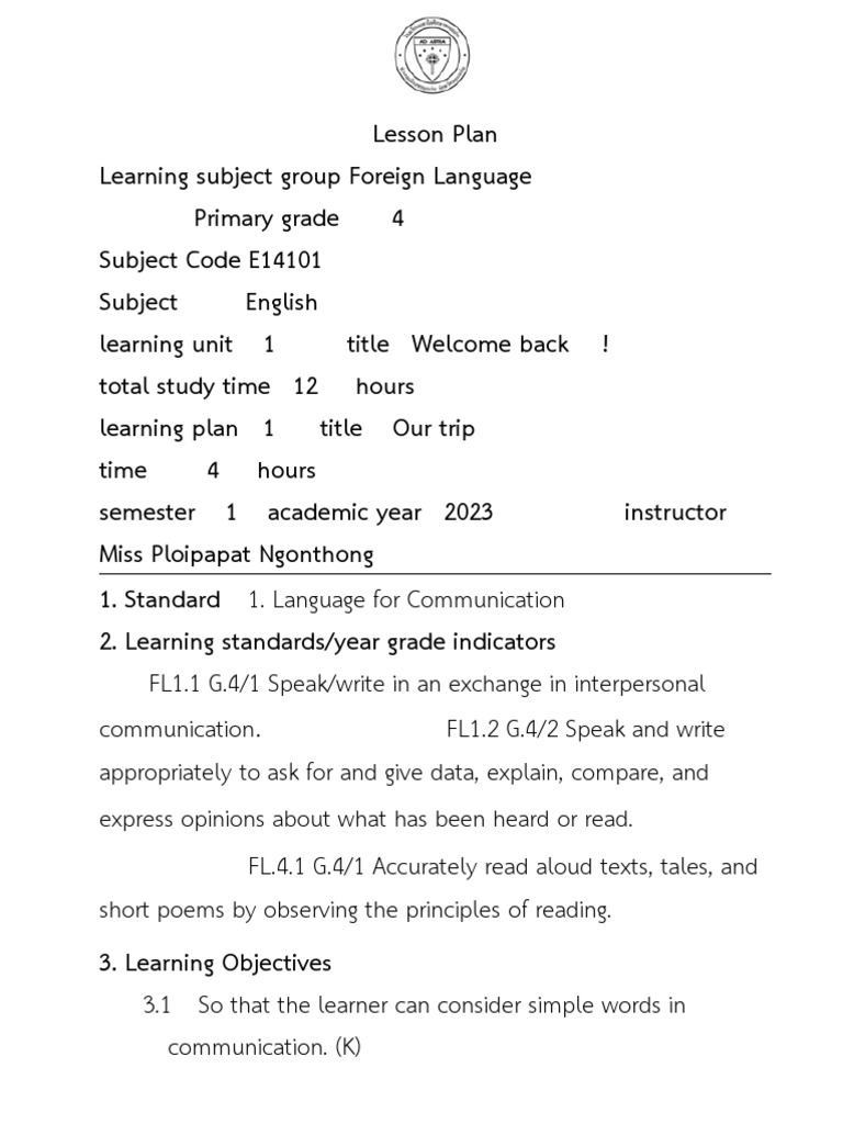 Lesson Plan for English on Welcome Back Unit | PDF | Learning | Communication