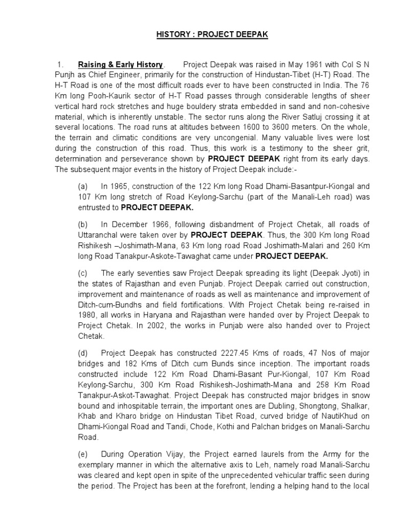 History: Project Deepak Raising & Early History | PDF | Road ...