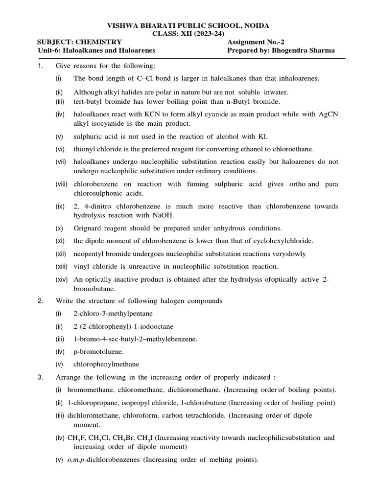 Class Xii Haloalkanes And Haloarenes Assignment 2 Pdf Chemistry