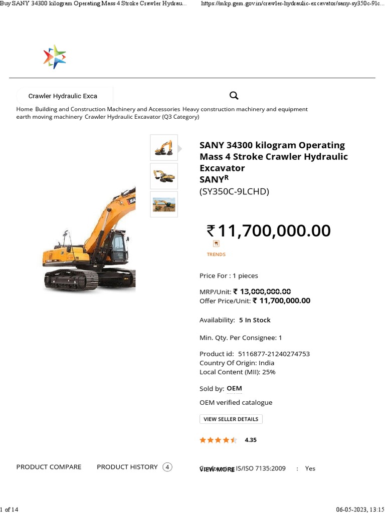 SANY 34300 Kilogram Operating Mass 4 Stroke Crawler Hydraulic Excavator | PDF