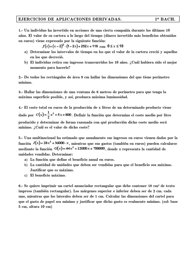 Ejercicios 1ºbach Tema Aplicaciones Derivadas | PDF | Rectángulo | Función (Matemáticas)