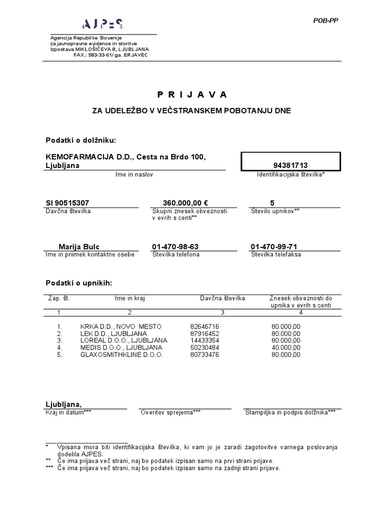 Prijava Za Udeležbo AJPES | PDF