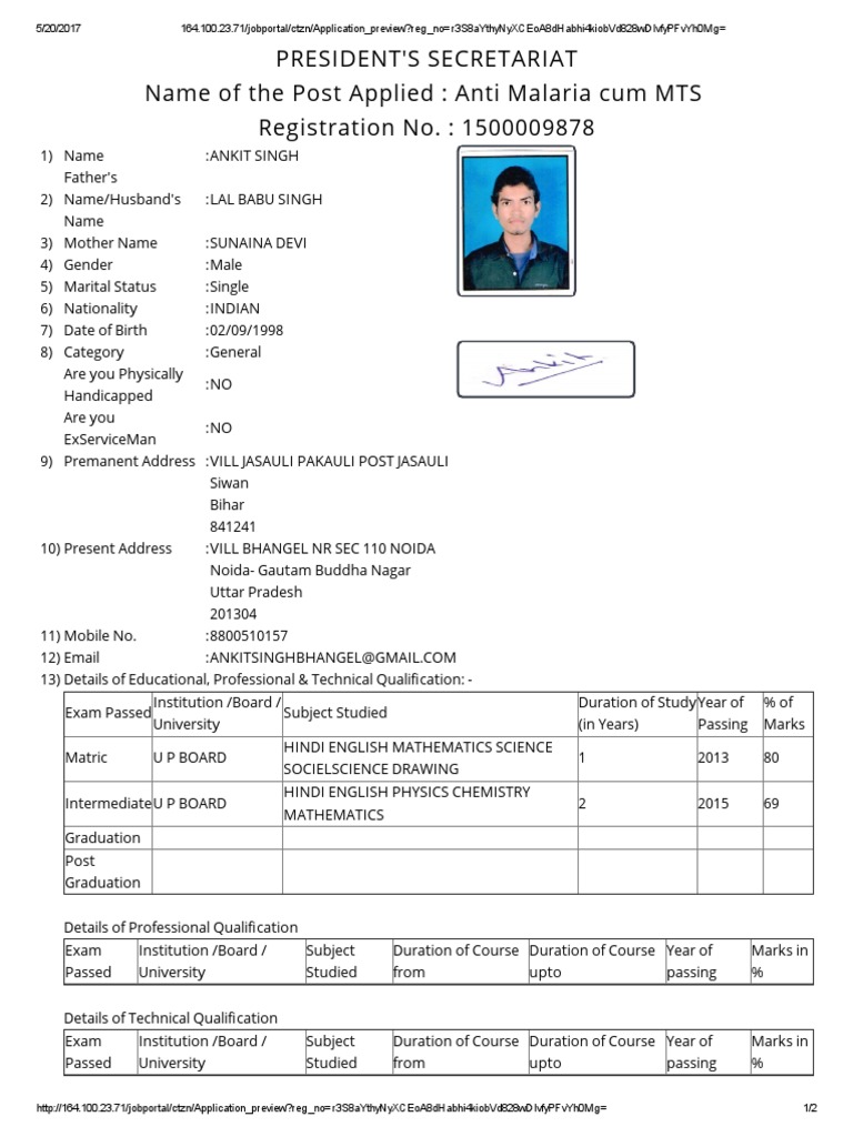 President'S Secretariat Name of The Post Applied: Anti Malaria Cum MTS ...