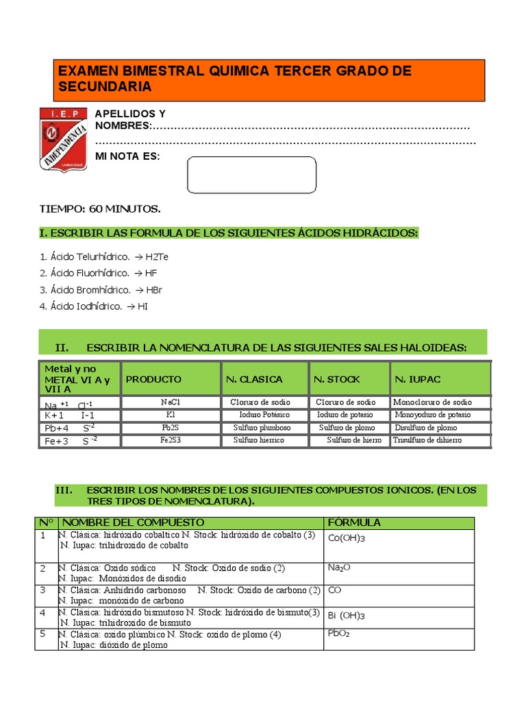 Examen Bimestral de Quimica Cuarto Bimestre. Tercer Año | PDF