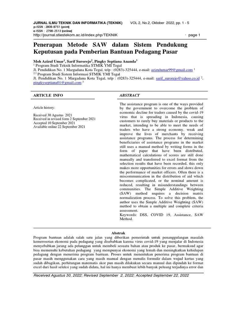 Application of The SAW Method in Support Systems Decisions On Providing ...
