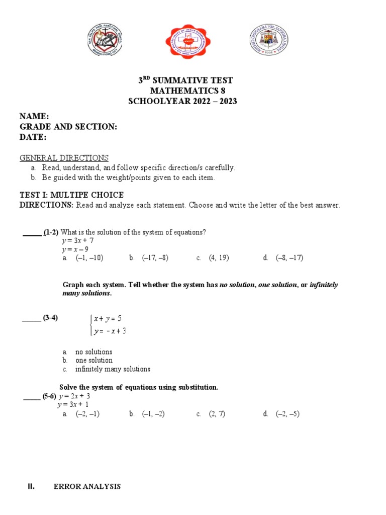 Revised Summative Test G8 | PDF | Multiple Choice | Mathematics