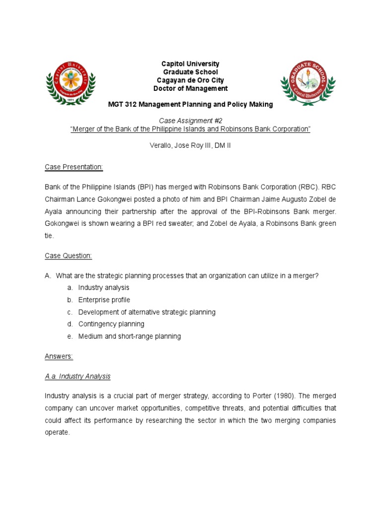 Case Assignment #2 BPI and RB Merger v3 (Verallo) | PDF | Swot Analysis | Mergers And Acquisitions