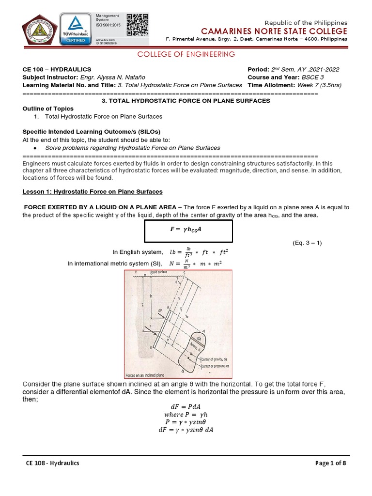 Hydrostatic Force on Plane Surfaces | PDF