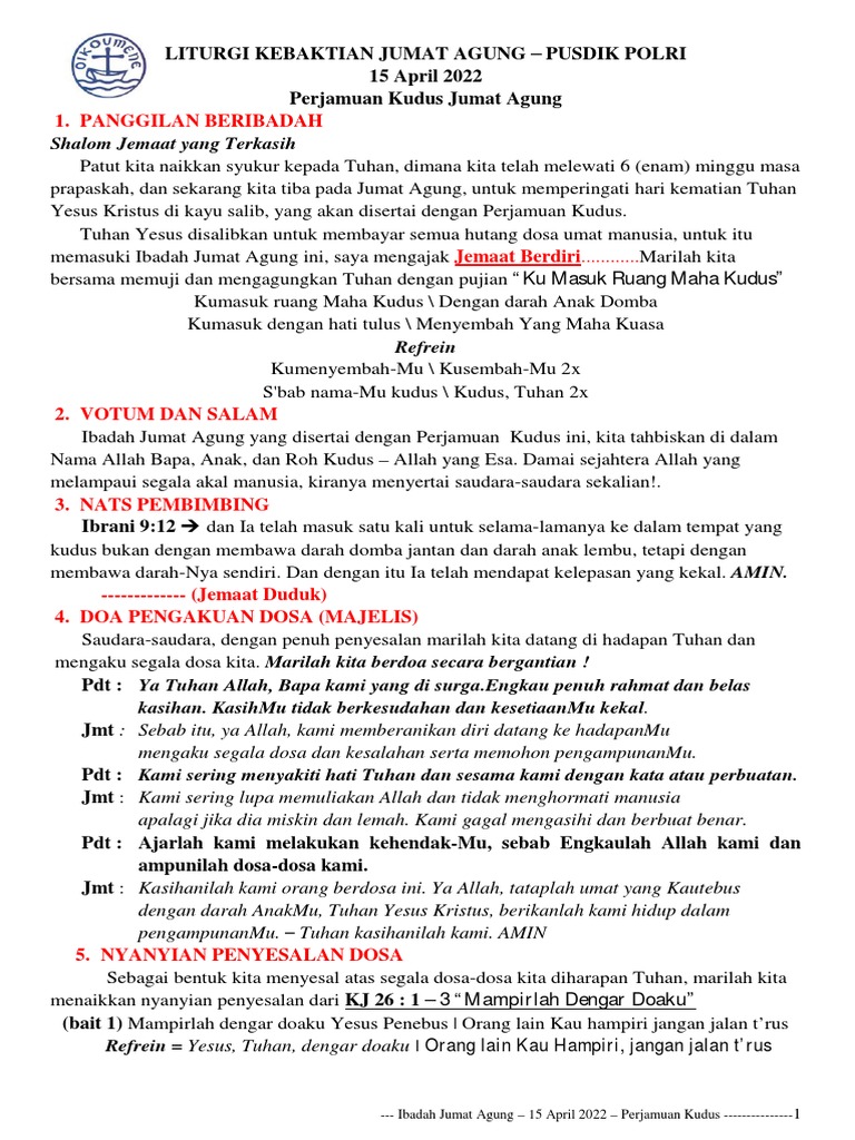 Liturgi Jumat Agung 15 April 2022 Pusdik Polri Perjamuan Kudus Pdf