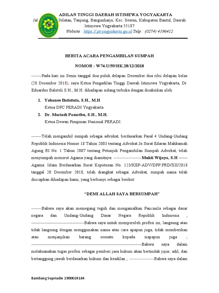 Ba Pengambilan Sumpah Advokat Mukti Wijaya | PDF