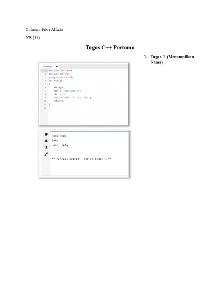 (KOREKSI) Zafa XE Tugas Pemrograman C++ Pertama | PDF