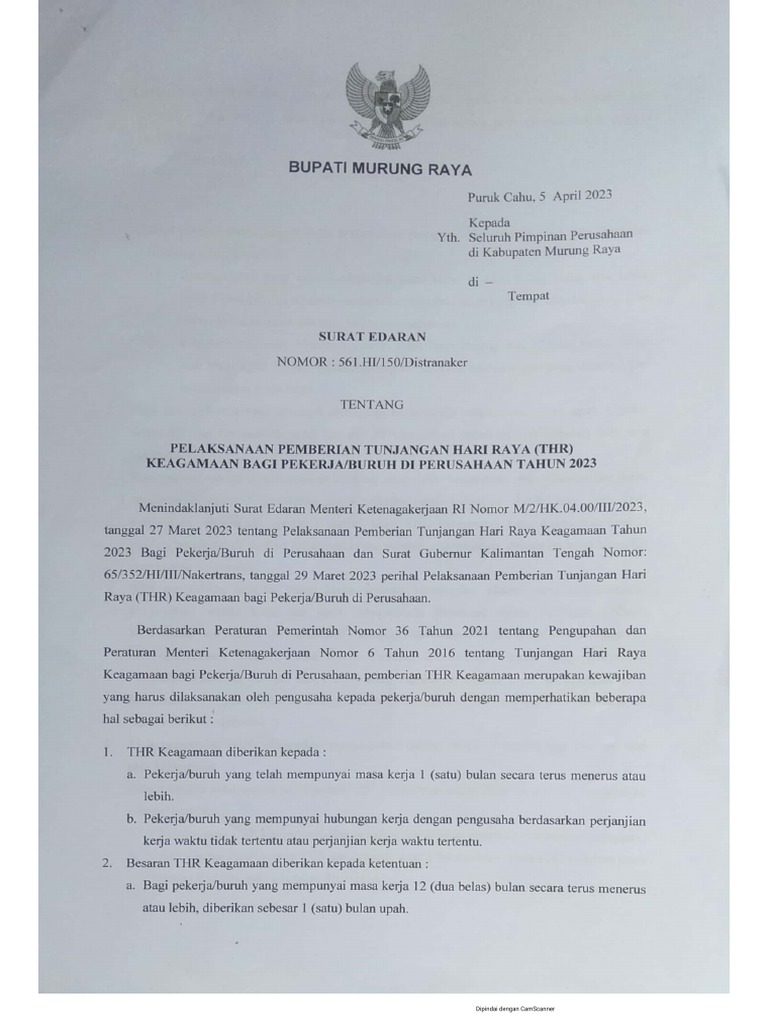 Surat Edaran THR Tahun 2023 | PDF