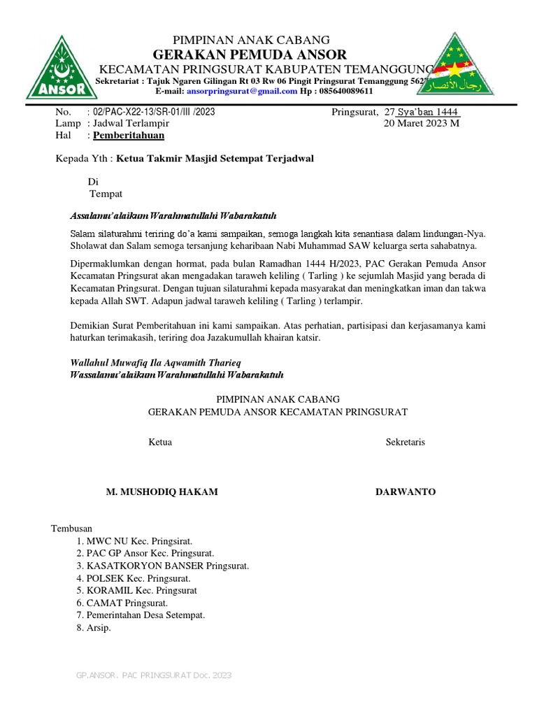 Pemberitahuan Taraweh Keliling GP Ansor Pac Pringsurat PDF | PDF