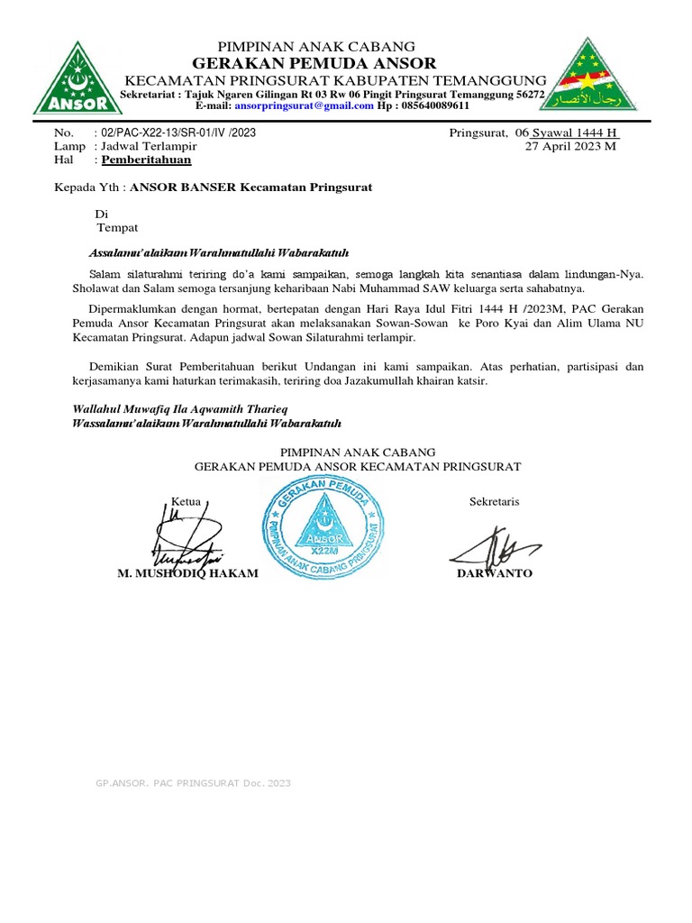 PEMBERITAHUAN Jadwal Sowan GP ANSOR PAC PRINGSURAT PDF | PDF