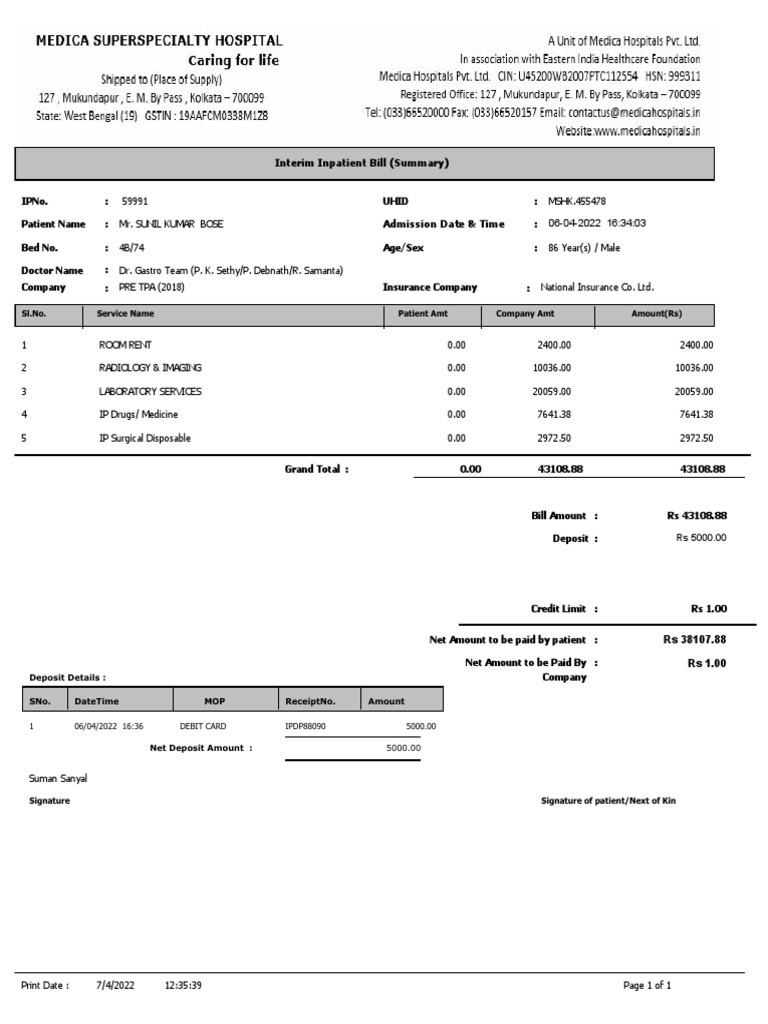 Interim Inpatient Bill (Summary) : SL - No. Amount (RS) Service Name ...