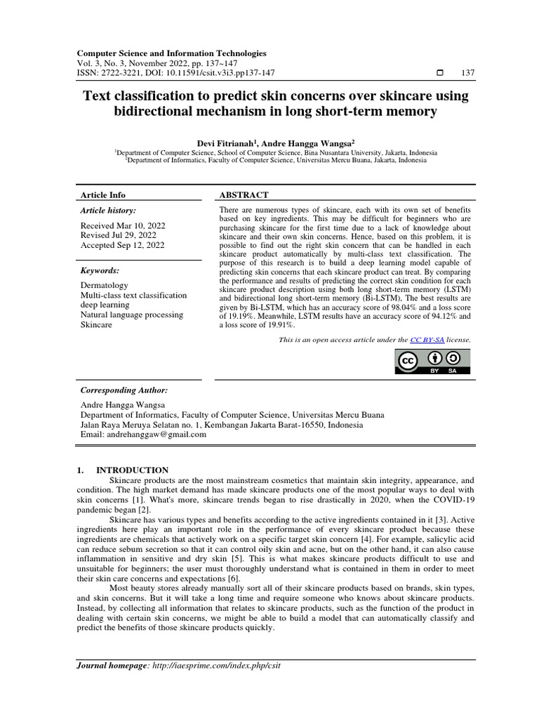 Text Classification To Predict Skin Concerns Over Skincare Using Bidirectional Mechanism in Long ...