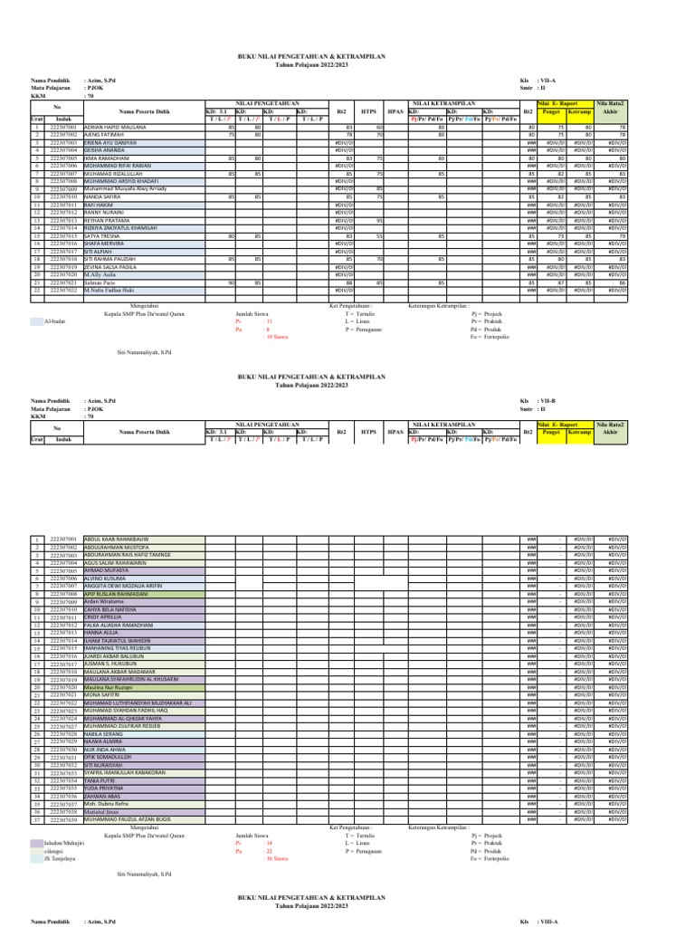 Buku Nilai PTS PJOK SMP DQ SMTR 2 22-23 | PDF