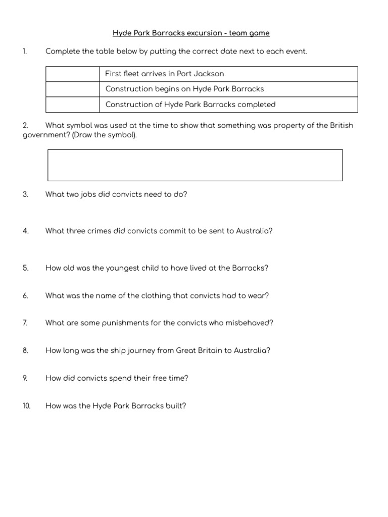 Hyde Park Barracks - The Royal Botanic Garden Excursio Worksheet | PDF