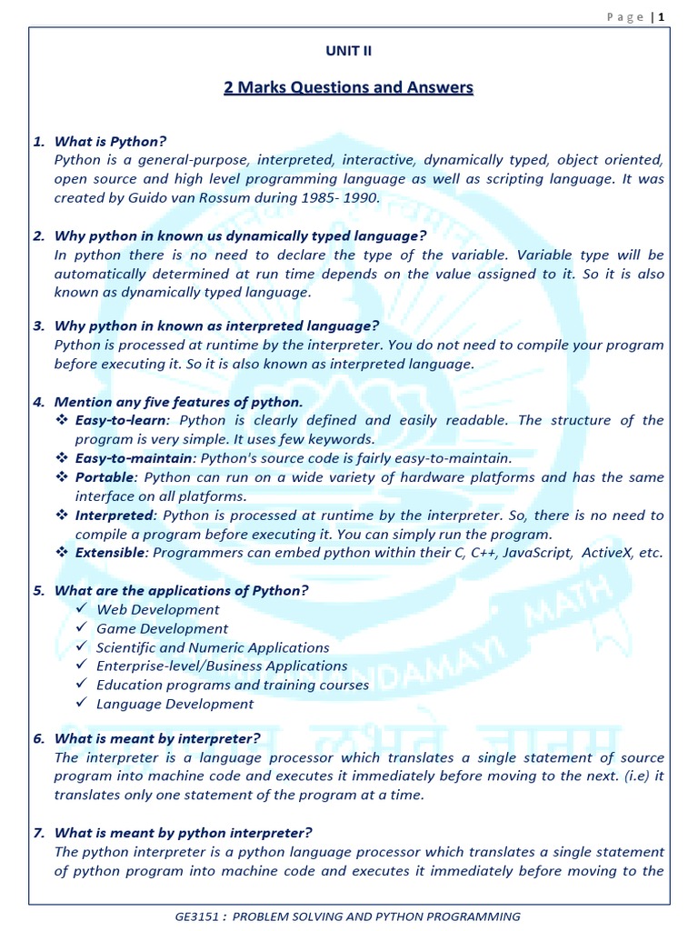 PSPP UNIT-2 FULL 2 Marks Q & A | PDF | Python (Programming Language ... PSPP UNIT-2 FULL 2 Marks Q & A | PDF | Python (Programming Language ...