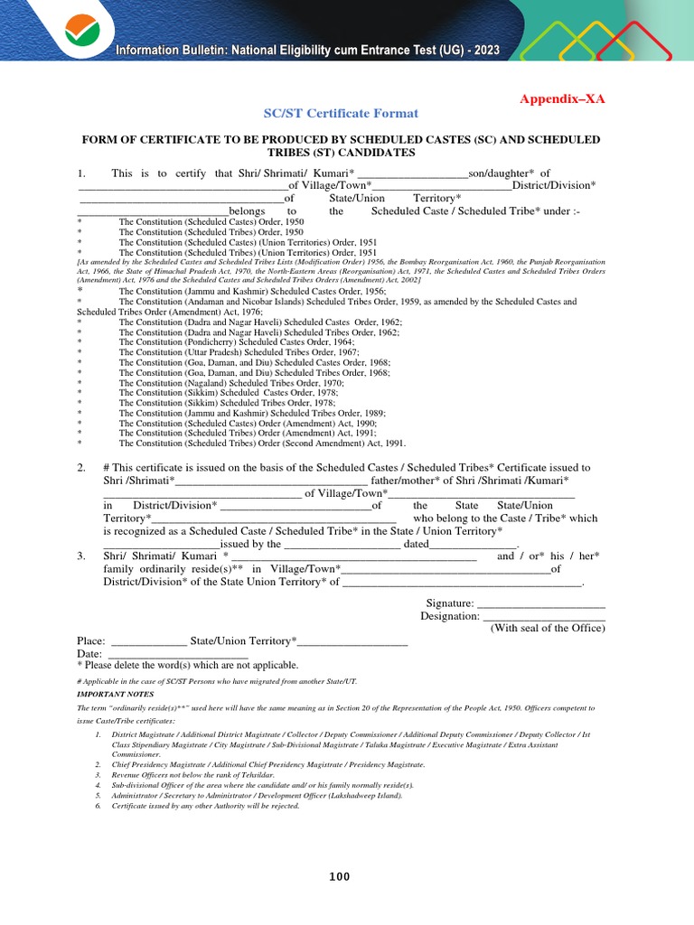 SC/ST Certificate Format for NEET | PDF | Government Of India | Government