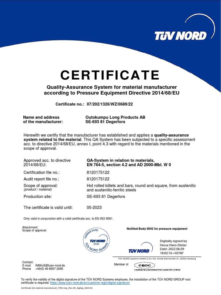 TUV Nord PED Certificate Outokumpu Degerfors LP | PDF | Technology & Engineering