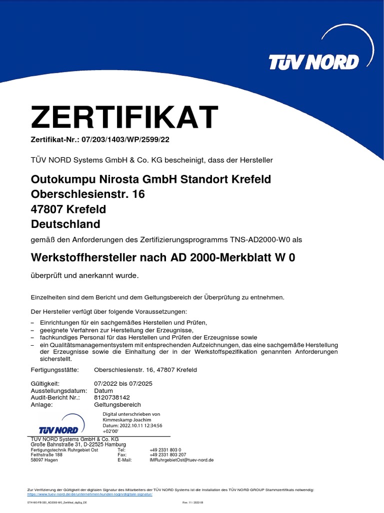 AD2000 W0 Certificate 2022-2025 DE PDF | PDF