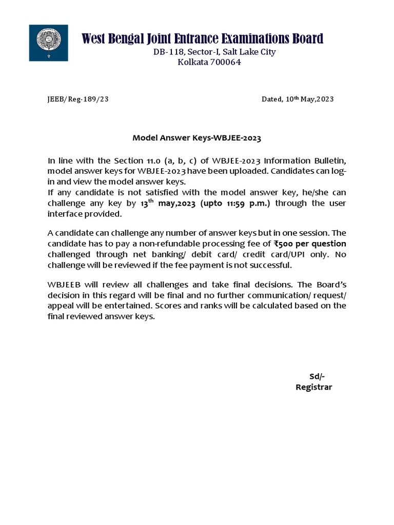 WBJEE 2023 model answer keys released | PDF