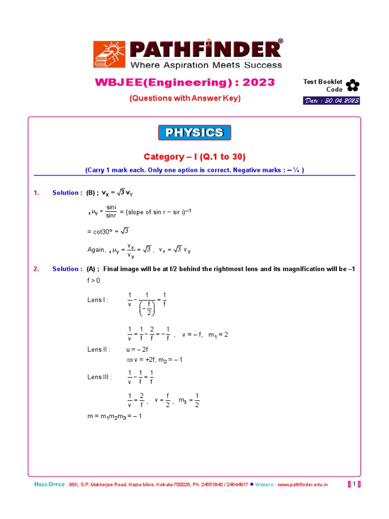 WBJEE 2023 Physics Answer Key | PDF | Nature | Applied And ...